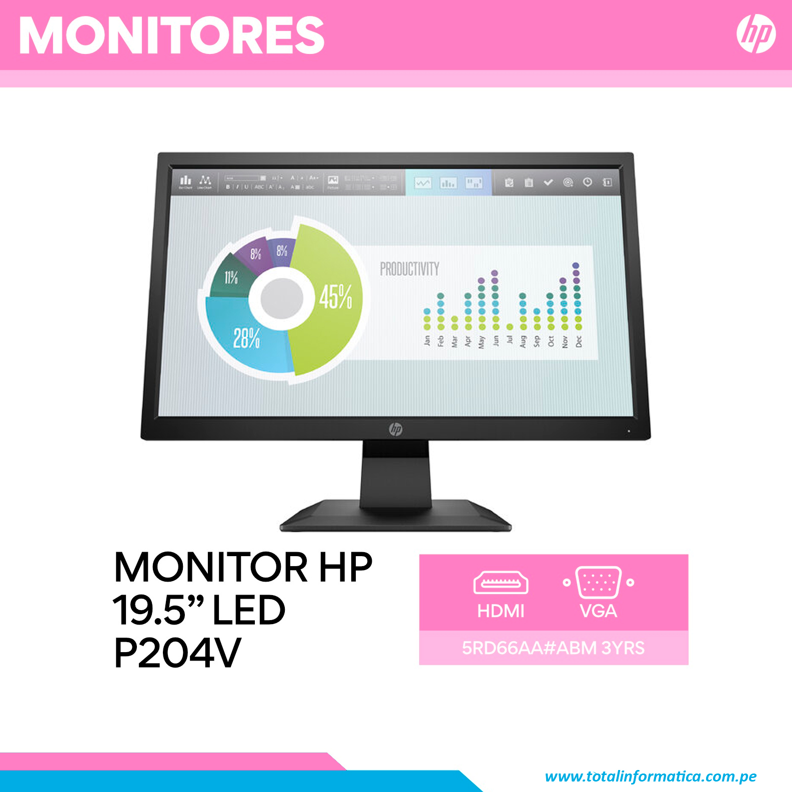 MONITOR HP P204V 5RD66AA 19.5" HD, 1600 X 900 A 60HZ, TN LED, HDMI VGA