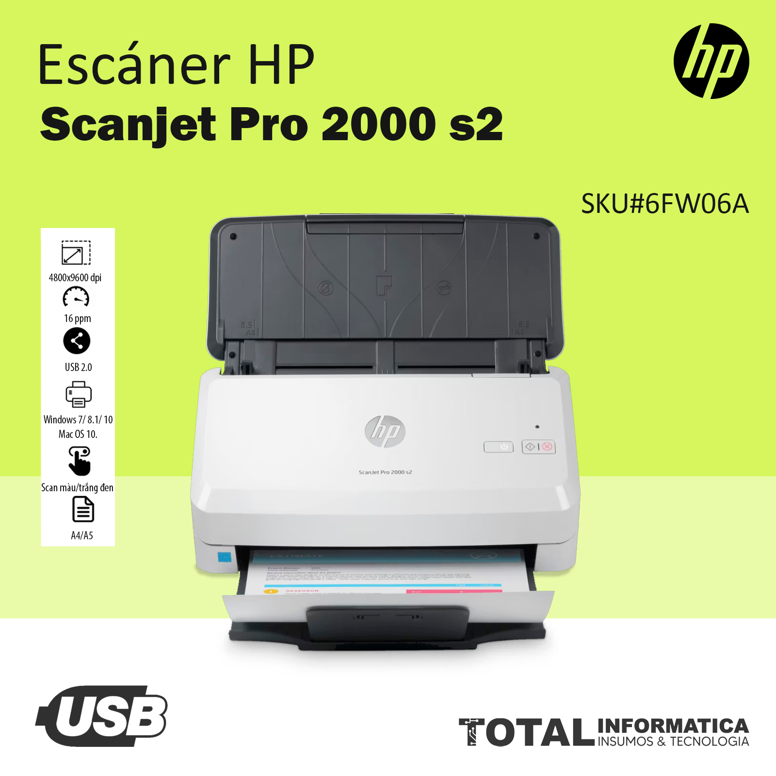 ESCÁNER HP SCANJET PRO 2000 S2, 35PPM/70 IPM, USB